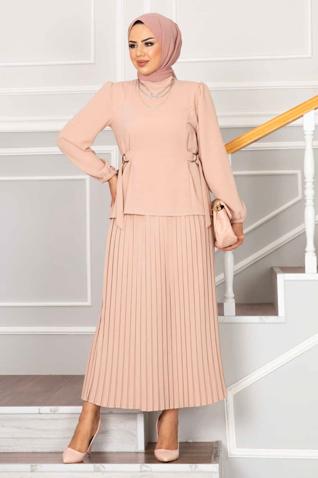 Pleated Double Hijab Suit Powder - Hicabistan.com | Wholesale Hijab and ...