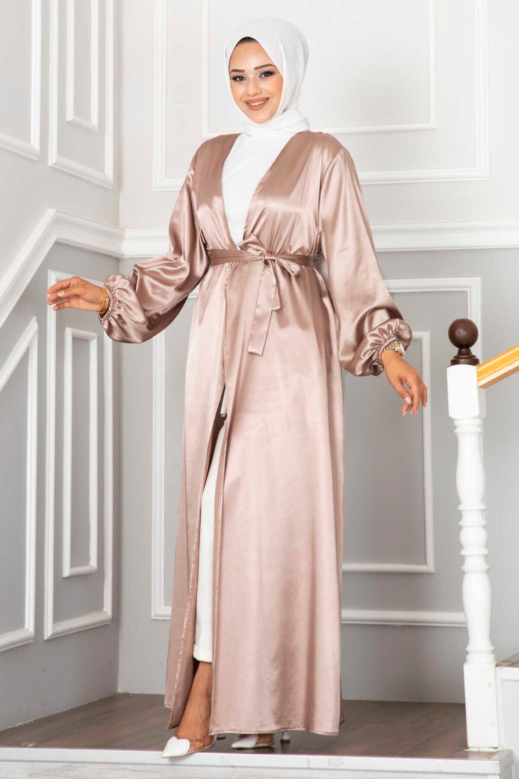 Satin Kimono Abaya Beige - Hicabistan.com